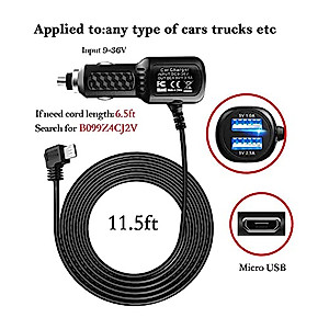 Dash Cam Charger 2023 Upgraded Micro USB Car Charger with Dual USB Port Compatible with, Rexing, Byakov, AKASO, Crosstour, Trekpow, Pruveeo, OldShark, Garmin and Most Other Dash Cam(11.5ft)