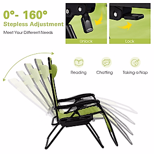 Goplus Zero Gravity Lounge Chairs, 160°Adjustable Folding Recliner w/Pillow and Cup Holder, 350LBS Comfy Outdoor Lounge Chairs for Patio, Lawn, Yard & Camp(1, Green)