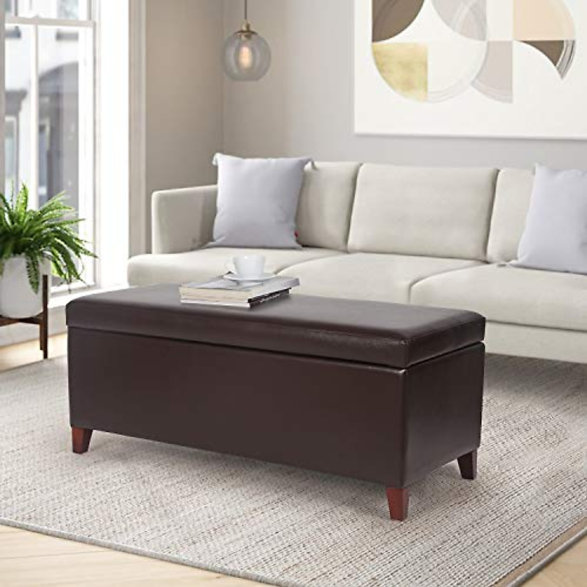 Joveco 42" Storage Bench Ottoman Footstool- Lift Top Coffee Table Ottoman- Brown Faux Leather Ottoman with Storage- End of Bed Bench for Living Room and Bedroom