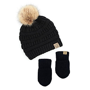 Funky Junque Infant Winter Hat and Mitten Set Newborn Pom Pom Beanie with Fleece Lined Mittens for Baby Boys and Girls (0-9 Mo), Black