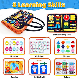 Kerarme Toddler Busy Board, Montessori Toys Busy Book for 1 2 3 4 5 Year Old Toddlers Preschool Learning Activities with Alphabet Numbe, Travel Toys Gifts for Plane Car with Life Skills (Black/3P)