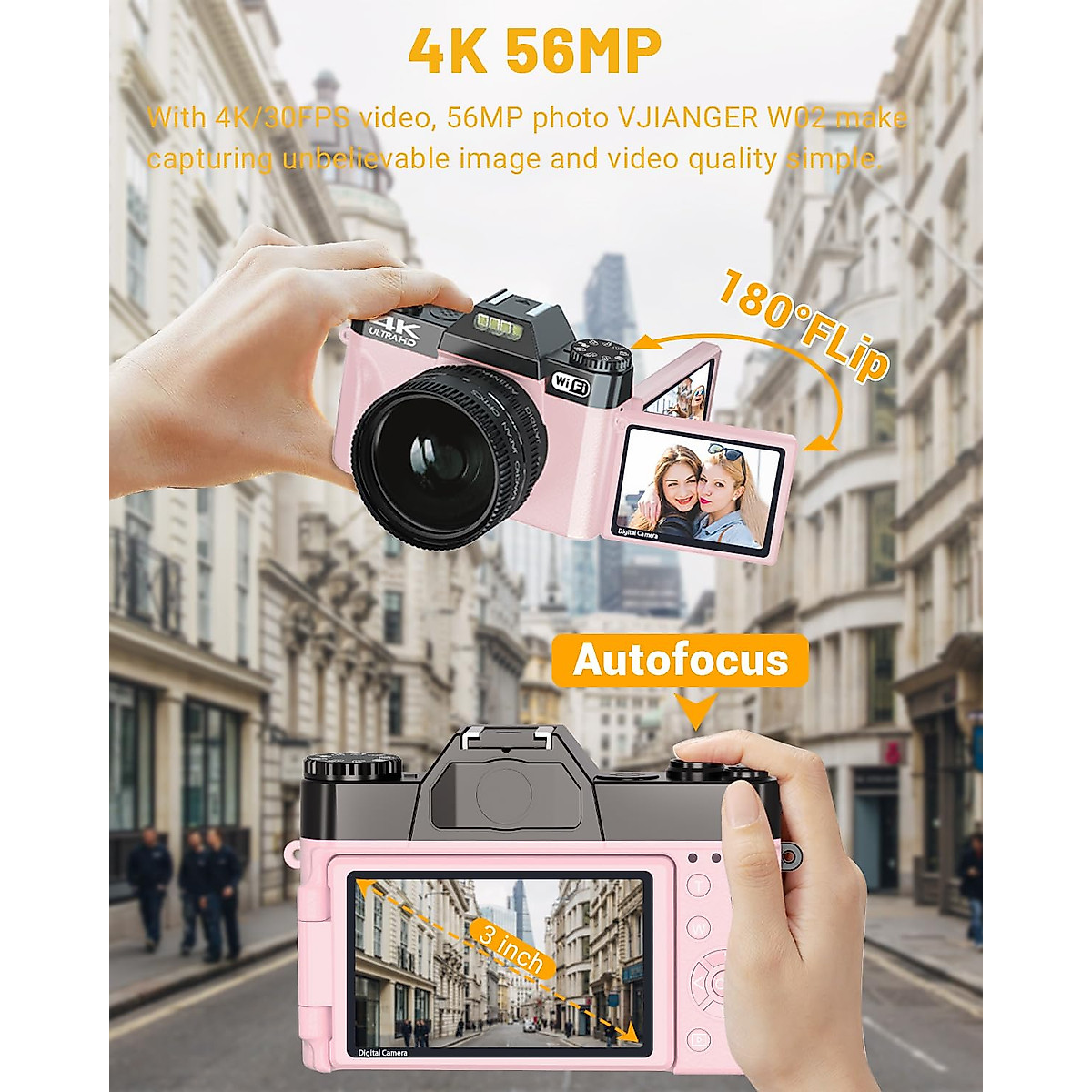 4K Digital Camera VJIANGER 48MP WiFi Vlogging Camera for YouTube with 180° Flip Screen, 16X Digital Zoom, 52mm Wide Angle & Macro Lens, 2 Batteries, 32GB TF Card(W02-Pink33)