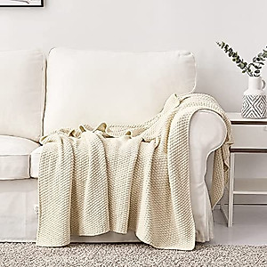 Longhui bedding Cream Knitted Throw Blanket for Couch, Soft, Cozy Machine Washable 100% Cotton Sofa Knit Blankets, Heavy 3.0lb Weight, 50 x 63 Inches, Beige Color