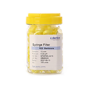 COBETTER 100 Pack PES Syringe Filter Lab Filters 0.22μm Pore Size 13mm Diameter Hydrophilic Filtration Non-sterile Yellow