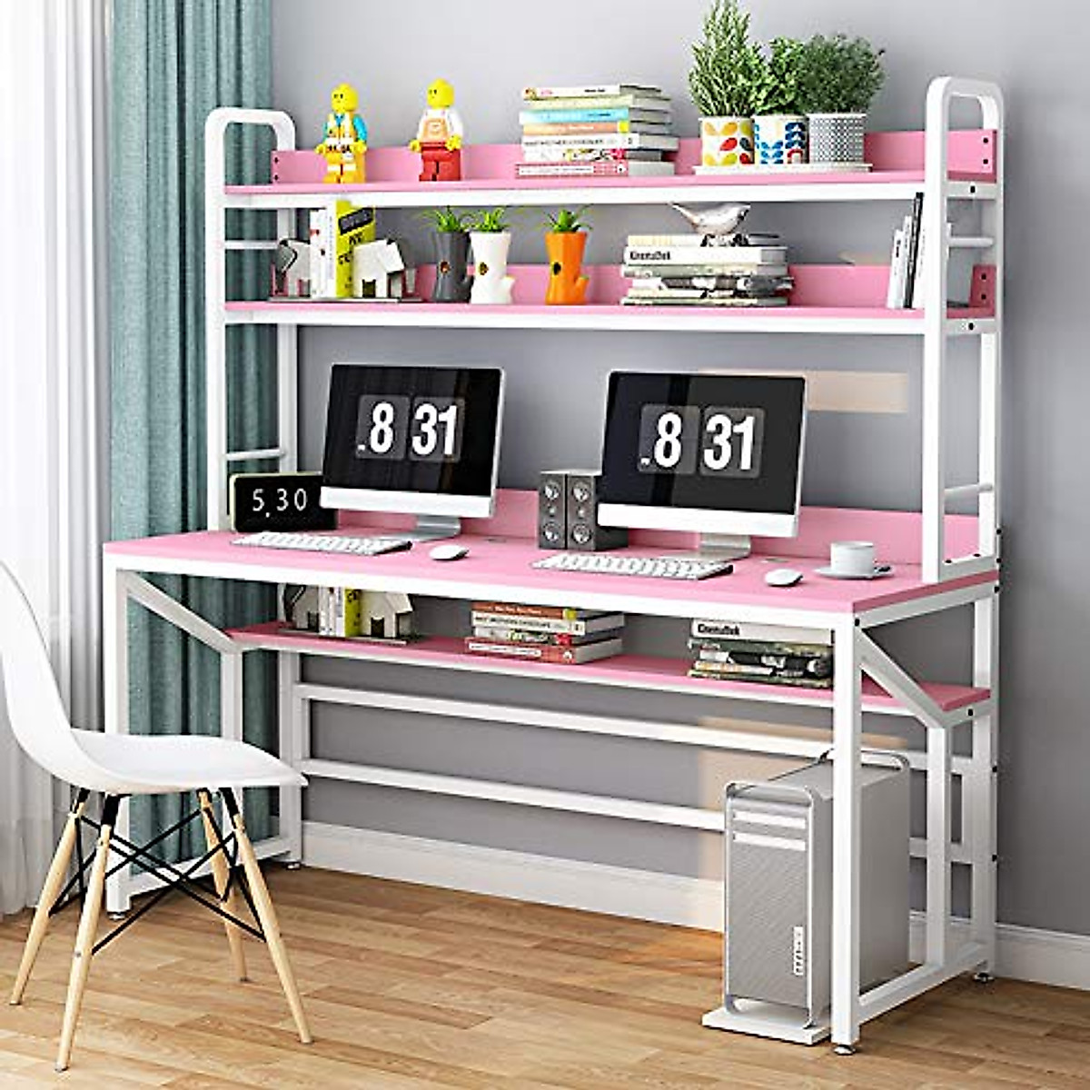 TOPYL Computer Desk with Hutch,Modern Writing Desk with Storage Shelves,Office Study Desk Gaming Desk Workstation for Home Office,Wood + Metal Legs