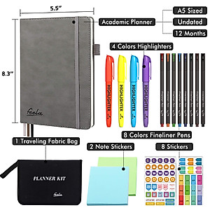 Undated Planner, 2024 Monthly & Weekly Academic Planner Kit, Feela A5 Daily Student Notebook, School Supplies with Highlighters, Note Stickers, Fineliner Pens, Lasts 1 Year, Gray