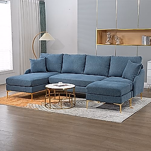FANYE 110'' Modern Reversible Chaise Sectional U-Shaped Convertible, 4-Seat Polyester Blend Upholstered Sofa & Couch with 2 Pillows and Metal Legs for Home Apartment Office Living Room, Green, Blue