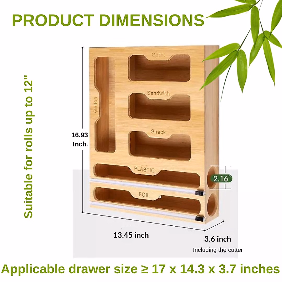 Bamboo Ziplock Bag Organizer - Foil and Plastic Wrap organizer with cutter - Holds up to 12” rolls - Baggie Organizer for Gallon, Quart, Sandwich, Snack Bags - Kitchen Organization - Drawer organizer