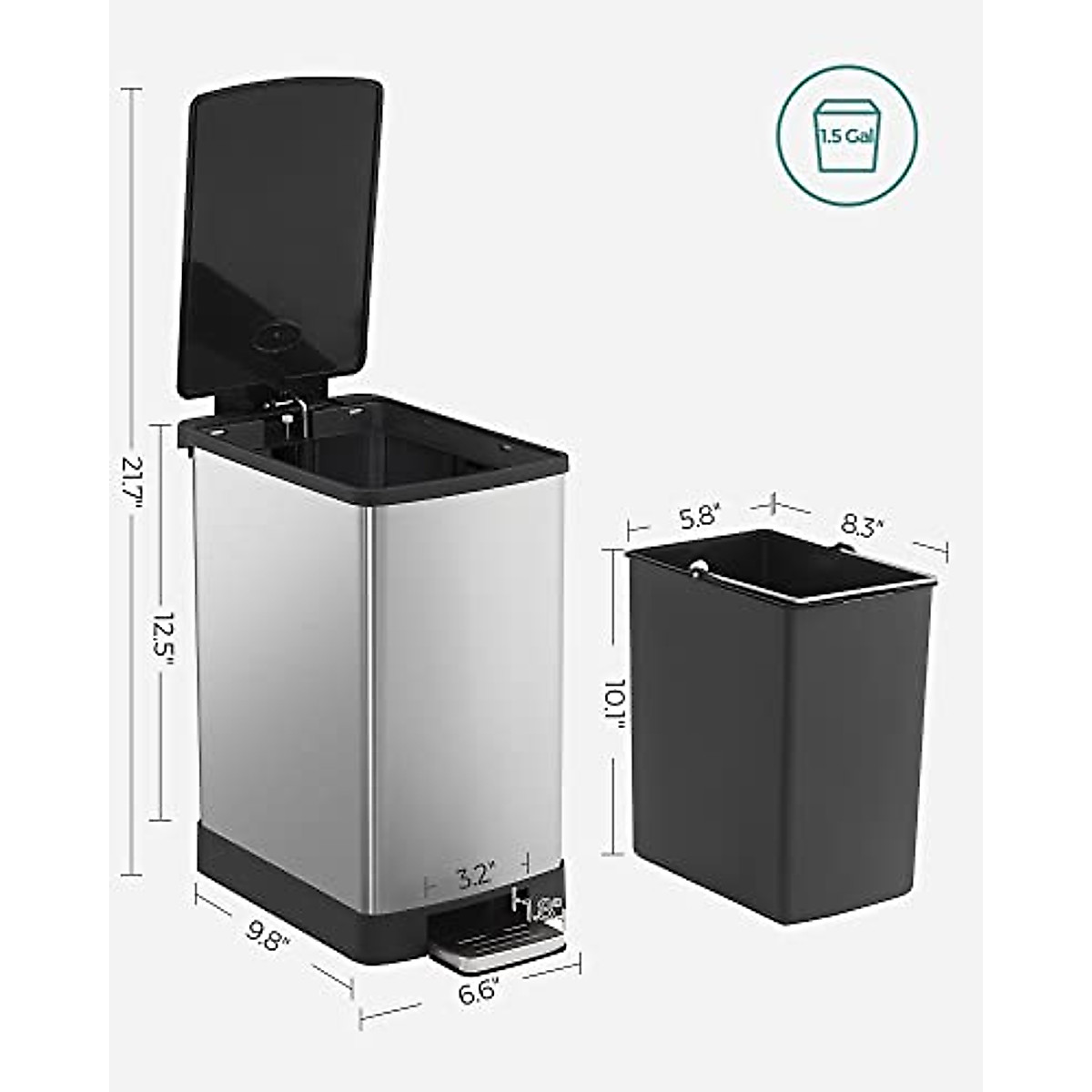 SONGMICS Bathroom Trash Can, 1.5 Gallon (5.7L) Garbage Can with 15 Trash Bags, Stainless Steel Step Bin, Removable Inner Bucket with a Metal Handle, Soft Closure, Silver and Black ULTB105E01