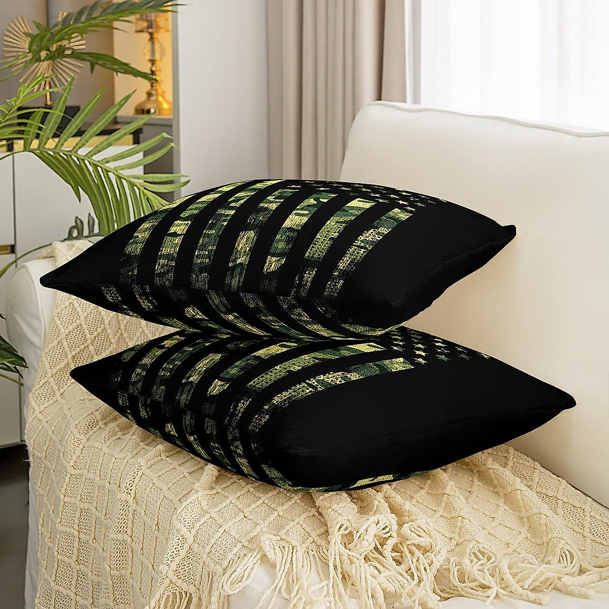 Set of 2 Camo American Flag Throw Pillow Covers 18x18 Inch, Green Camouflage Pillow Covers for Adults Kids Boys, Black Vintage Army Militarily Cushion Covers, Geometric Star Stripe Flag Cushion Cases