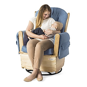 Foundations SafeRocker Glider Rocker Chair with Steel Swivel for Nursery or Daycare, Solid Wood and Steel Base, Durable Microfiber, Side Storage Pockets, Can be Removed and Laundered (Blue)