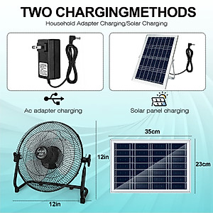 DBF Battery Operated Solar Fan, 2-in-1 Solar Panel Powered & AC Charger Powered 12 Speeds Portable Rechargeable Fan, 12'' Cordless High Velocity Floor Fan For Household, Camping, Travel, Outdoor