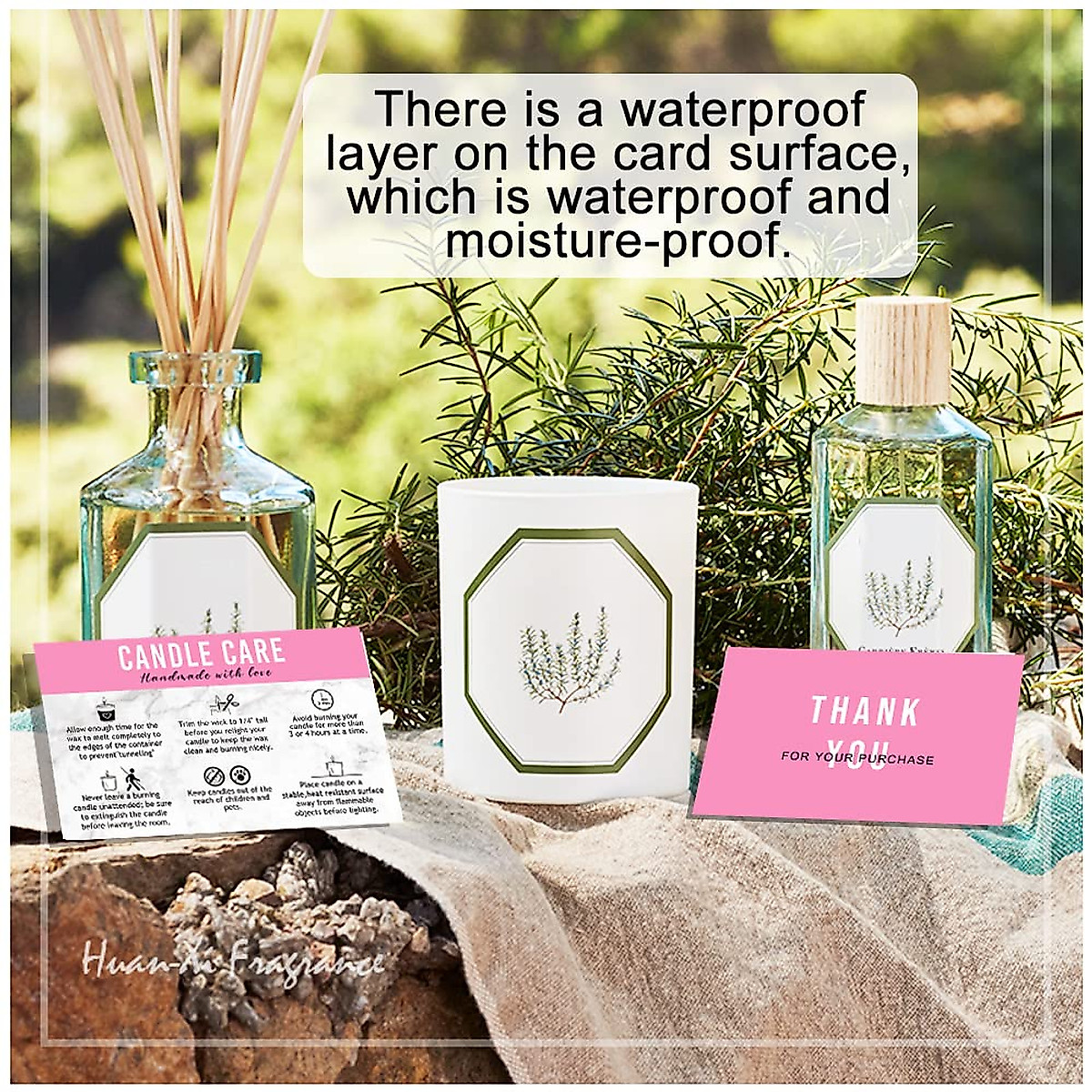 Handmade Candle Care Instruction Card, Card, for Makers Soy Bees Wax Coconut Essential Oils Black with White, 50 Pack 3.5 x 2 inches (Pink)