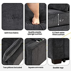 YUNLife&Home 65.7" Convertible Pull Out Sleeper Sofa Bed,Adjustable Loveseat Armchair Single Couch Chair with USB Port 2 Pillows for Living Room Apartment Small Space Furniture Set, Black