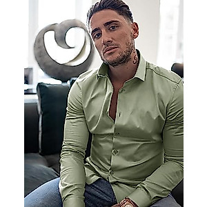 AstoSeu Men's Muscle Dress Shirts Slim Fit Wrinkle-Free Long Sleeve Casual Button Down Shirt Light Green L