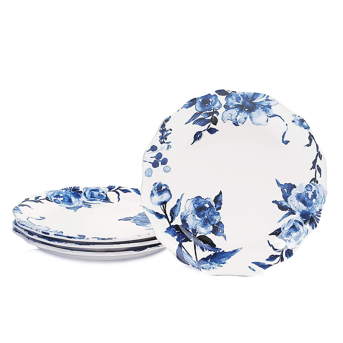 Bico Watercolor Blue Flower Scalloped Dinner Plates, Ceramic, 11 inch, Set of 4, for Pasta, Salad, Maincourse, Microwave & Dishwasher Safe