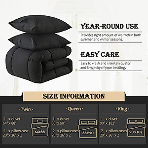 WhatsBedding Black Queen Comforter Set, Lightweight All Season Soft Down Alternative Bed Comforter, 3 Pieces Bedding Set with 2 Pillowcases, Queen Size, 88"x90"