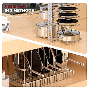 Vdomus Pot Rack Organizer with 3 DIY methods, Pot and Pan Lid Storage for Cabinet kitchen, 8+ Pots and Pan Holder Pot Racks, Adjustable Pot and Pan Rack Lid Holder (Silver)