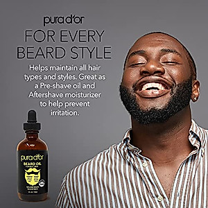 PURA D'OR Organic Beard Oil (4oz / 118mL) 100% Pure - USDA Certified - Natural Leave-In Conditioner, Argan & Jojoba Oil - Mustache Care & Maintenance, Increase Softness & Strength (Packaging may vary)