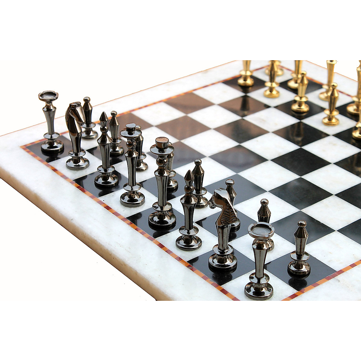StonKraft Collectible White & Black Marble Chess Board Set + Brass Chess Pieces Pawns - Decorative Stone Chess - Home Décor - 15" Inches