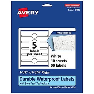 Avery Durable Waterproof Cigar Labels with Sure Feed, 1.5" x 7.75", 50 Oil and Tear-Resistant Waterproof Labels, Print-to-The-Edge, Laser/Pigment-Based Inkjet Printable Labels