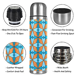 Stainless Steel Leather Vacuum Insulated Mug Geometry Thermos Water Bottle for Hot and Cold Drinks Kids Adults 16 Oz