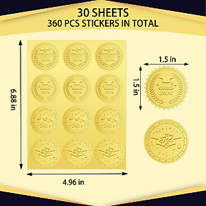 Lucleag 360 PCS Embossed Graduation Envelope Seals Stickers, 2024 Gold Foil Self Adhesive Graduation Diploma Grad Hat Sealing Stickers for Envelopes Candy Graduation Party Favor Decal, 1.5 inch