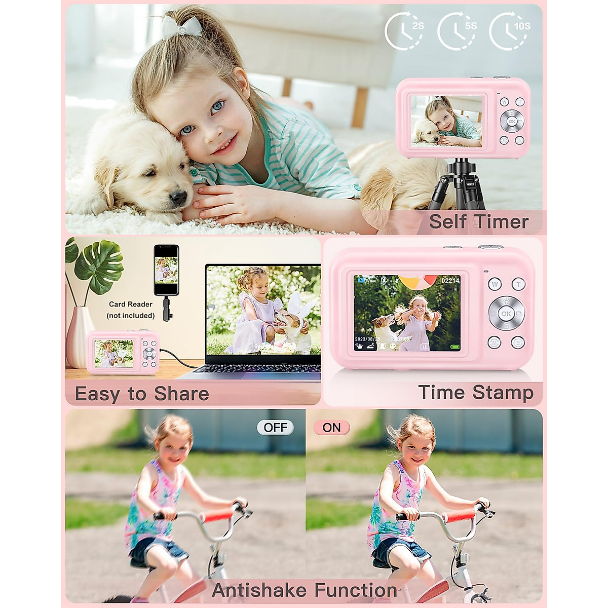 Digital Camera, FHD 1080P Kids Camera with Neck Lanyard 32GB Card Battery, Anti-Shake 16X Digital Zoom, 44MP Point Shoot Cameras, Compact Portable Small Gift Camera for Kid Teen Student Girl Boy(Pink)