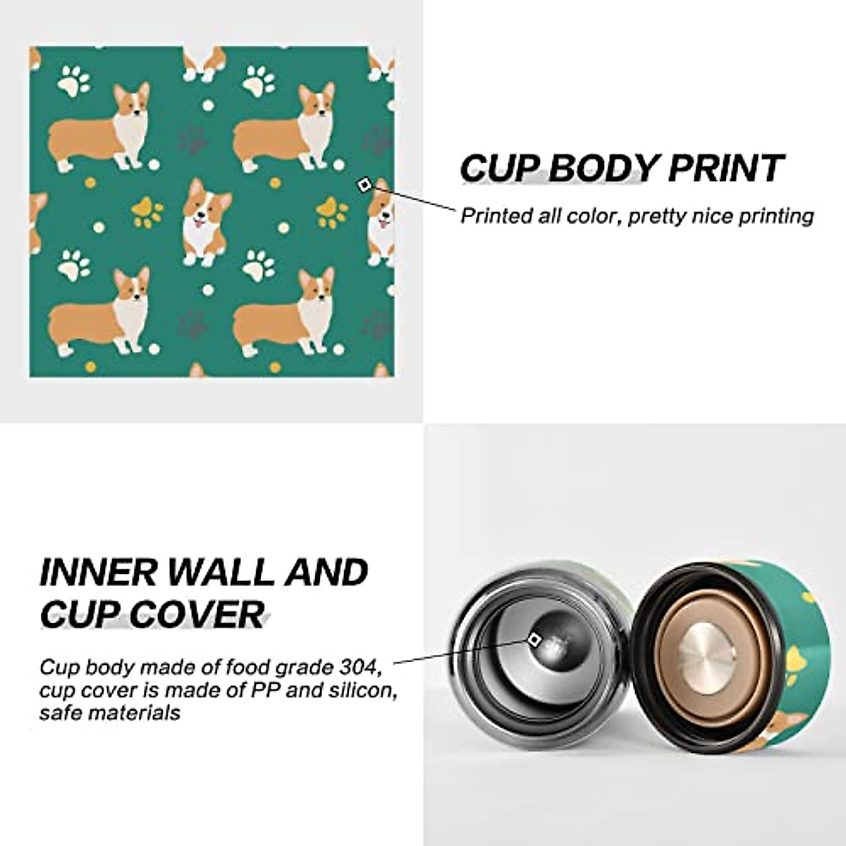 CaTaKu Small Water Bottle 12 oz, Green Corgi Footprint Insulated Water Bottle for Water Coffee Tea Stainless Steel Flask Thermos Bottle Reusable Wide Mouth Vacuum Travel Mug