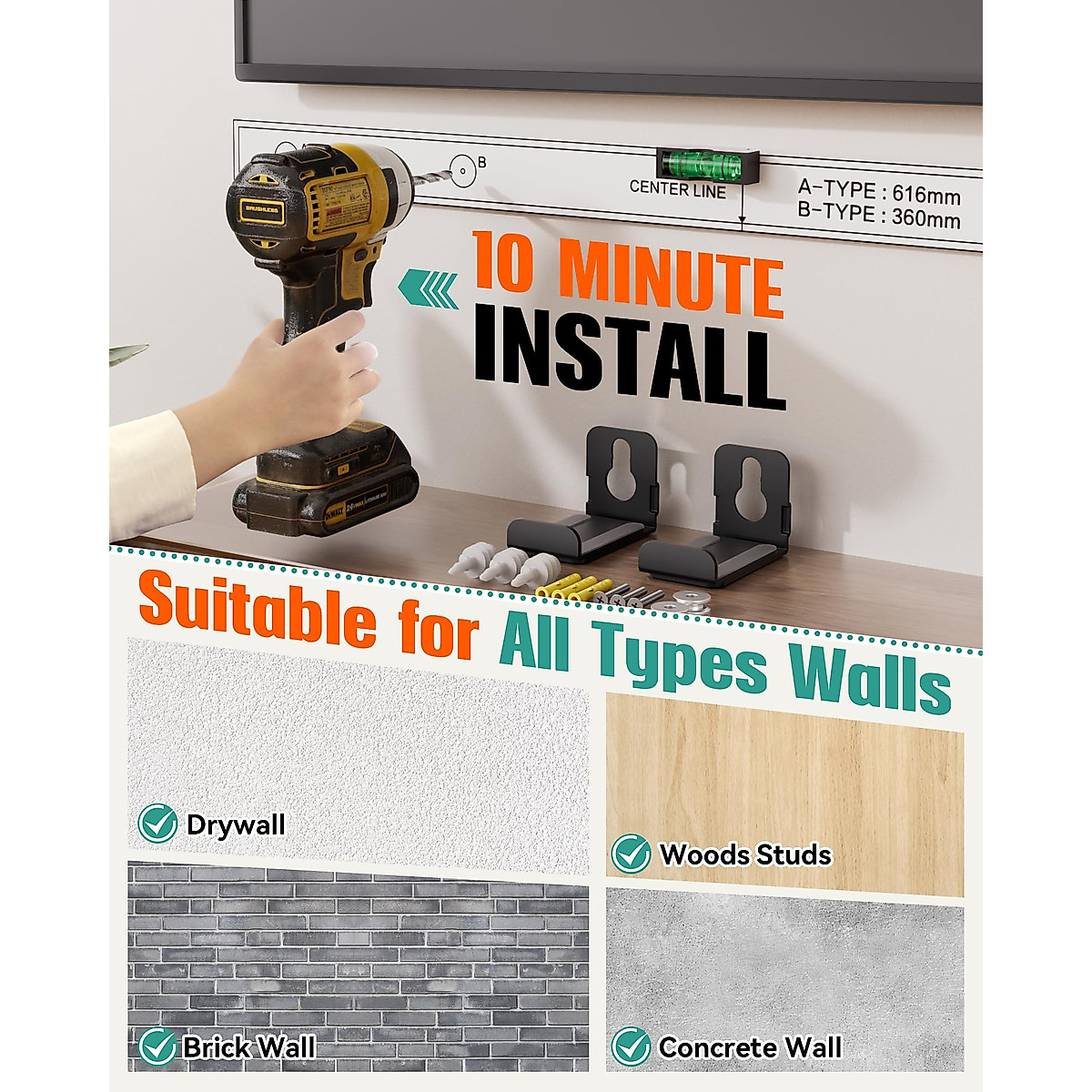 AENTGIU Sound Bar Wall Mount Bracket Universal Speaker Mounting Shelf Adjustable (3.4"-5.8") for Samsung, Vizio, Lg, Sony, JBL, Bose Soundbar Mount with Hardware Kit