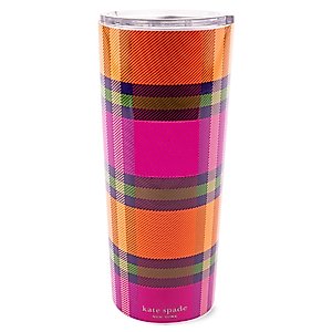 kate spade new york Cute Stainless Steel Mug, 24 Ounce Travel Tumbler, Double Wall Insulated Cup with Lid, Grand Plaid Duo
