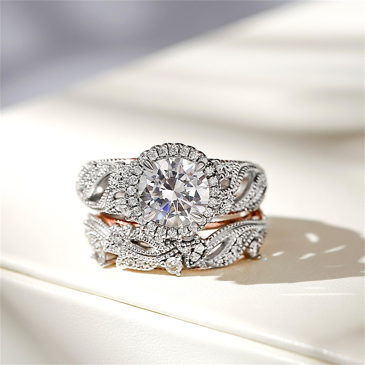 Jeulia 4 Carat Leaf Rings for Women 925 Sterling Silver 18 K Rose Gold Plated Round Cut Engagement Ring Set White Diamond Halo Cubic Zirconia Wedding band CZ Solitaire Anniversary Promise Rings (6.5)