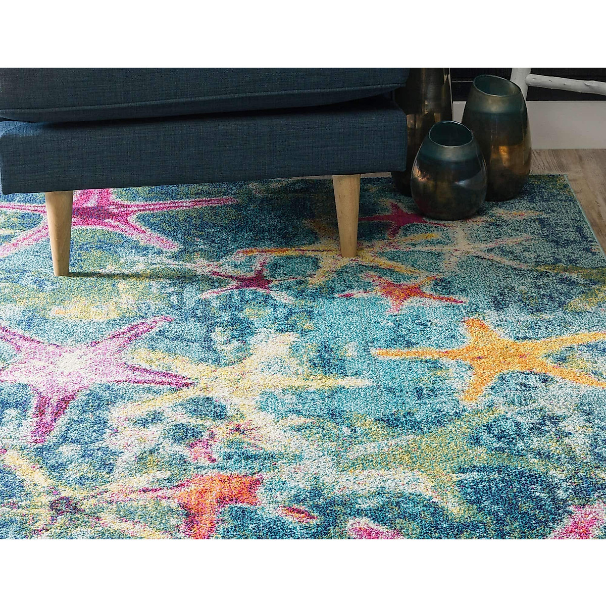 Unique Loom Positano Collection Coastal Modern Bright Colors Starfish Navy Blue Area Rug (4' x 6')