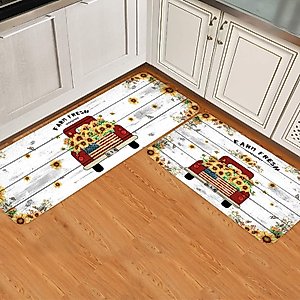 Farm Fresh Sunflower on Red Truck Anti Fatigue Kitchen Rug Set 2 Pieces Cushioned Kitchen Floor Mats Comfort Soft Standing Doormat, Non Slip Rugs and Runner USA Flag