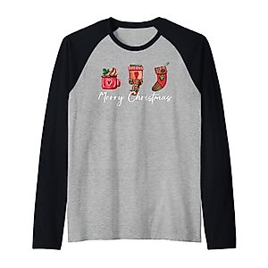 Merry Christmas Drink Hot Chocolate Stocking Stuffer Pajamas Raglan Baseball Tee
