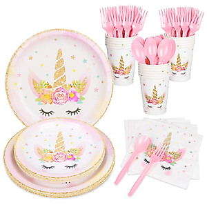 DECORLIFE Unicorn Plates and Napkins Set Serves 16, Unicorn Party Supplies for Girls Birthday, Baby Shower, Cups, Knives, Forks, Spoons Included, Total 112PCS