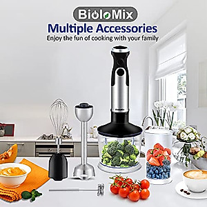 BioloMix Hand Blender 5 in 1 Immersion Blender 1000W, 6 Speed With Turbo Mode Handheld Blender Stainless Steel Blade With 800ml Chopper, 600ml Mixing Beaker, Whisk and Milk Frother