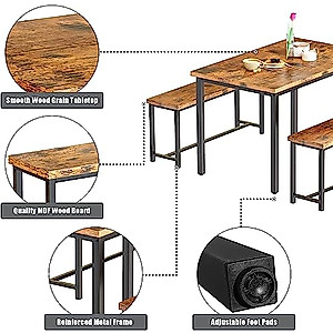 Hooseng Kitchen Table Set with Two Benches, Dining Table Set for 4-6 Persons, Space-Saving 47 Inch Small Kitchen Table Set for Breakfast Nook, Living Room, Apartment, Restaurant, Rustic Brown