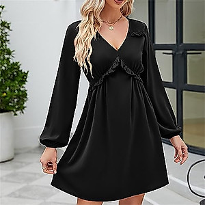 BilyBY Women's V Neck A-line Dress Summer Fold Hook Flower Long Sleeve Casual Min Dress Party Wedding Guest High Waist Dresses