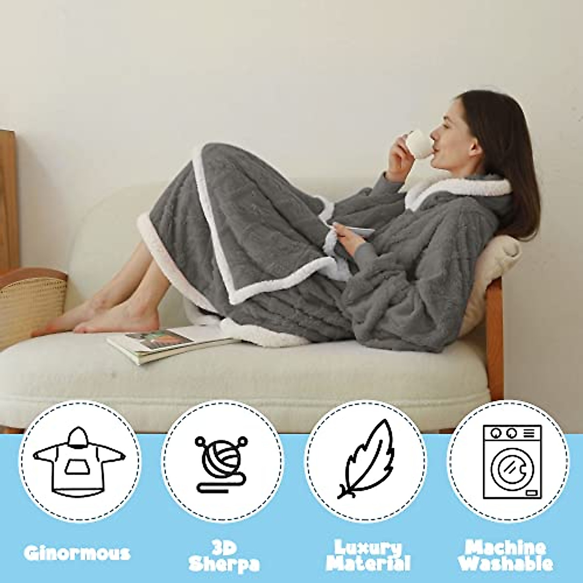 DEZANBO 3D Sherpa Wearable Blanket for Women Men Oversized Blanket Hoodie,Fluffy Sweatshirt,Ultra Soft Comfortable Warm,Oversized Pocket,One Size Fits All,Grey