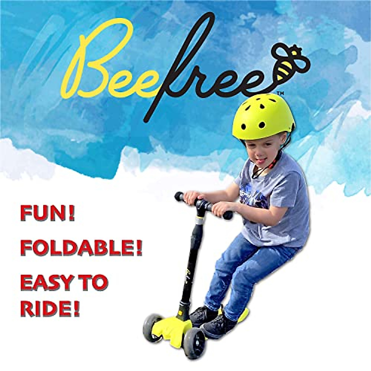 Bee Free 3 Wheel Kick Scooter for Toddlers and Kids, Adjustable Handlebars, Light Up LED Wheels, Foldable, Rear Foot Brake, Wide Stable Deck, Boys and Girls Ages 2-5, Up to 100 LBS, Yellow