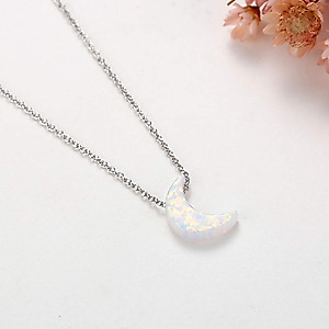Kaletine White Synthetic Opal Crescent Moon Pendant Necklace Sterling Silver Cable Chain Adjustable 16-17-18 Inch