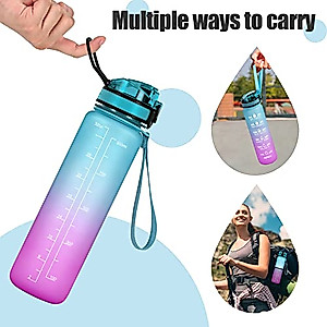 UPIRT 32 Oz Water Bottles, Motivational Water Bottle with Time Marker, Leak Proof Tritan Sport Bottle with Fruit Strainer, Water Jug with Carrying Strap for Fitness Gym and Outdoors (Green/Purple)