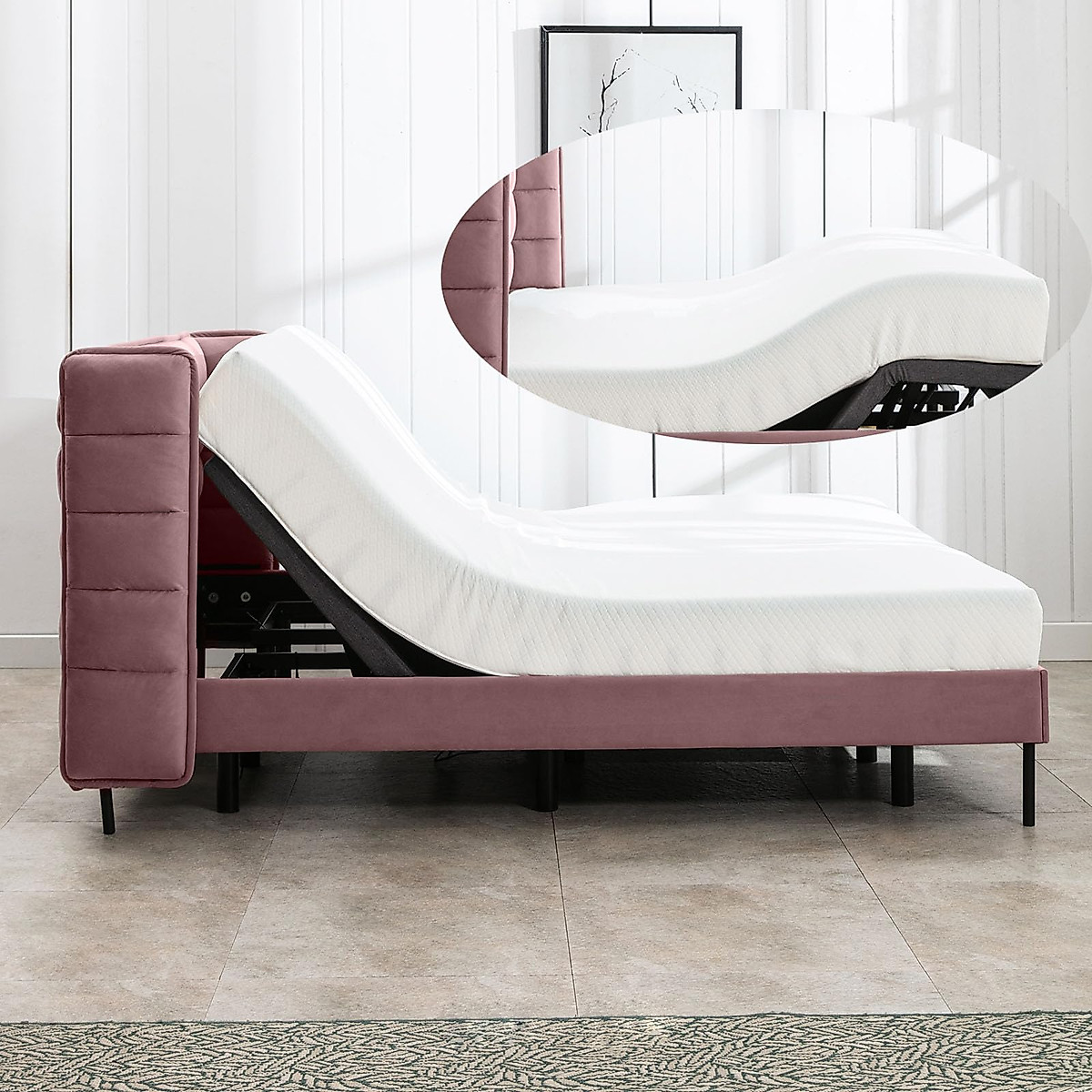 Mjkone Ergonomic Queen Size Adjustable Bed Frame Base, Zero Gravity Adjustable Bed w/Head and Foot Incline, Zero Clearance, Wireless Remote Control, Anti-Snore, Platform Frame Compatible, Light Grey