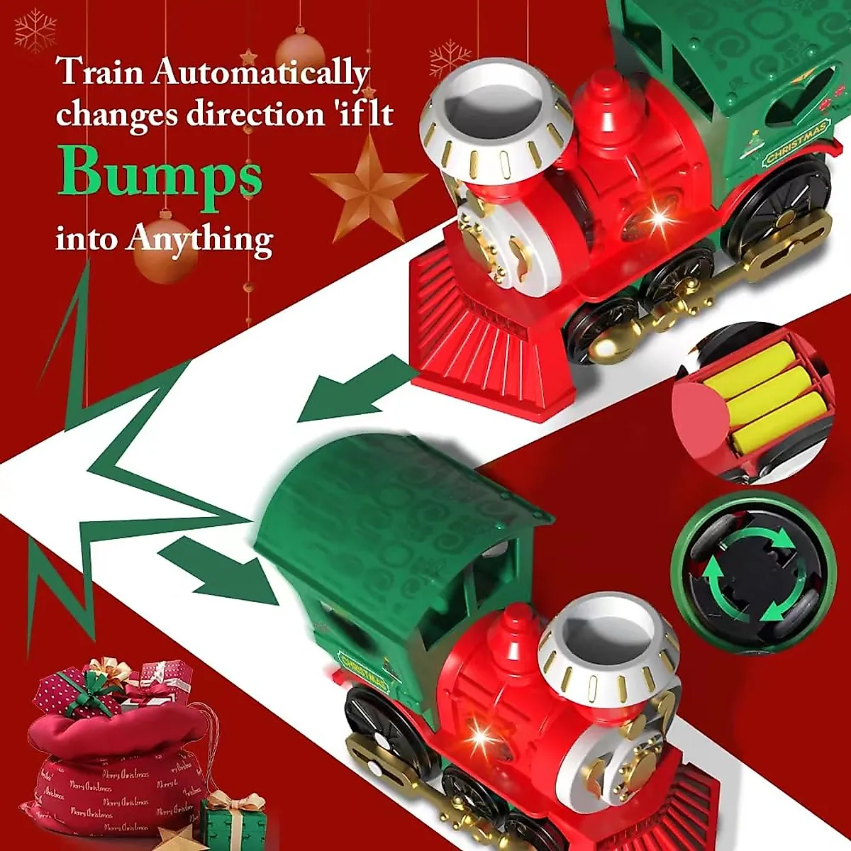 JUQU Train Toy for Christmas - Toy Train w/Lights & Customized Sounds for Christmas - 360° Rotation Moving Bump and Go Train Locomotive for Kids Toddlers for Age 3 4 5 6 7 8+ Boys Girls (Red/Green)