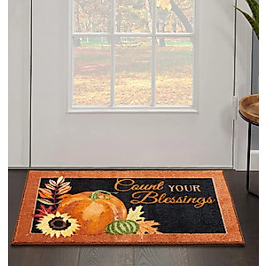Nourison Welcome Fall Accent Rug, Polyester Hand Carved Plush Cut Pile, 18 x 30 Inches, Harvest Pumpkin, Sunflower, Leaves Design for Autumn and Thanksgiving Decorating