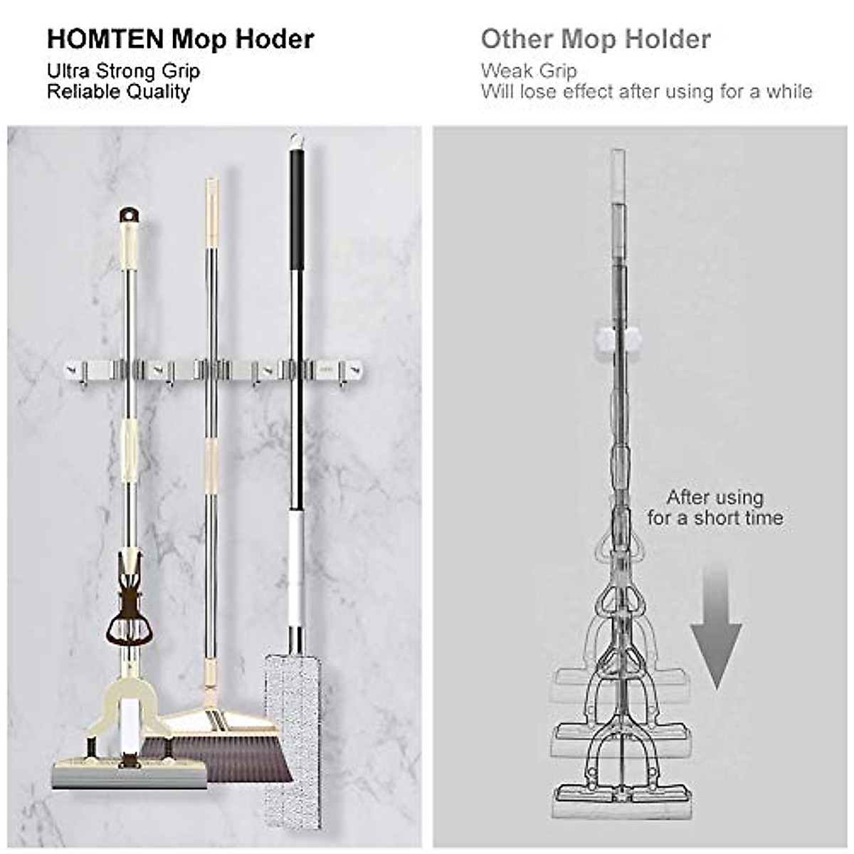 Broom Mop Holder Wall Mount 16" Installation Broom Mop Hanger Organizer Stainless Steel 3 Racks 4 Hooks for Bathroom Kitchen Office Closet Garden