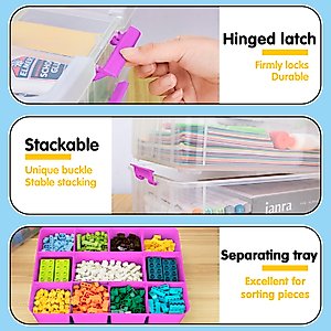 TERGOO 2 Layer Plastic Storage Containers with Removable Tray, Multipurpose Stack & Carry Box with Lid, Portable Craft Organizers and Storage Bin for Organizing Art & Craft Supplies, Crayon(Purple)