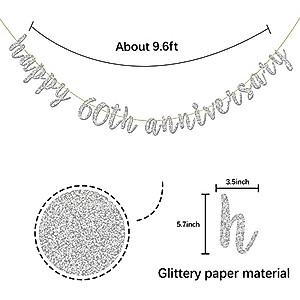 INNORU Glitter Silver Happy 60th Anniversary Banner - Sixty Sign - 60th Birthday Banner - 60th Wedding Anniversary Party Bunting Decoration