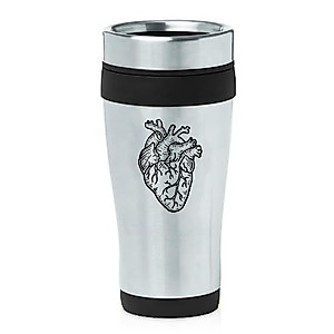 16oz Insulated Stainless Steel Travel Mug Coffee Mug Tumbler Anatomical Heart (Black)